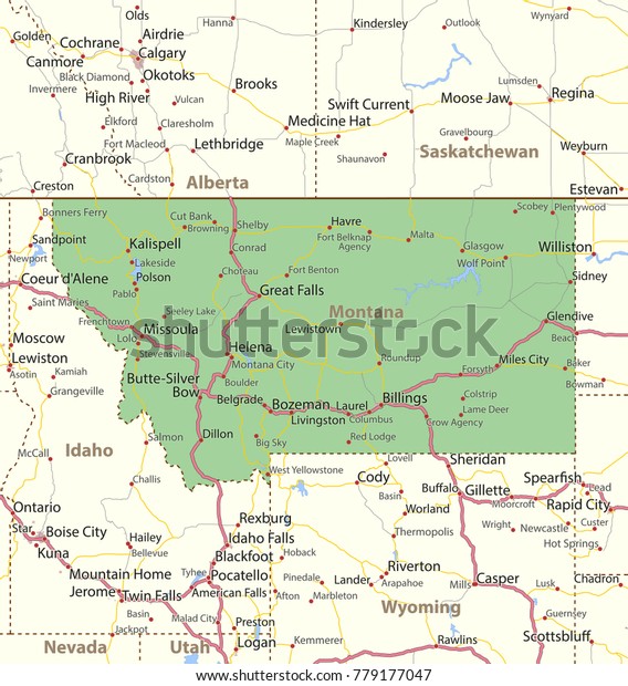 Montana map. Shows state borders, urban areas, place names, roads and ...