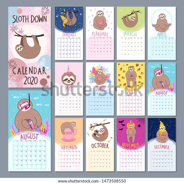 Monthly 2020 Calendar Cute Sloth Characters Stock Vector (Royalty Free ...