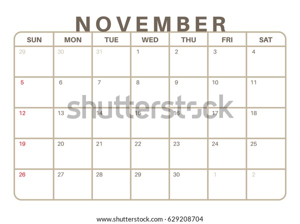 Monthly Calendar November 2017 Stock Vector (Royalty Free) 629208704 ...