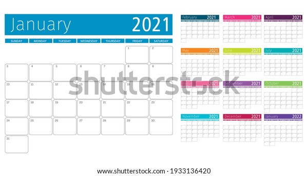 Monthly Organization Calendar Template Grid 2021 Stock Vector (Royalty ...