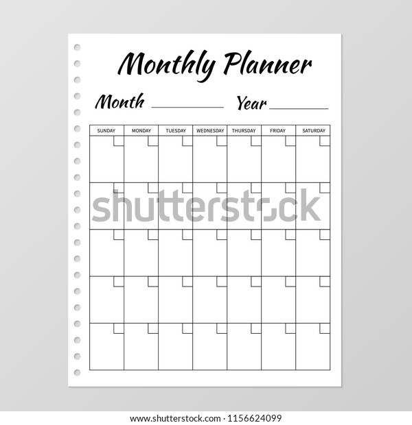 Monthly Planner Template Blank White Notebook Stock Vector (Royalty ...