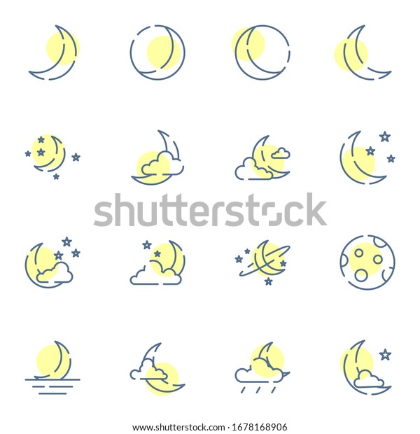 Moon, crescent, night icon set. Simple moon, midnight, stars colored ...