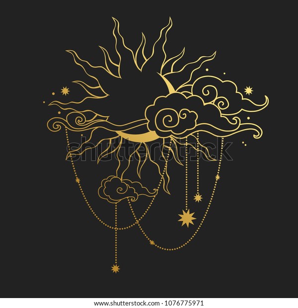 Image vectorielle de stock de Lune et Soleil sur fond noir. 1076775971