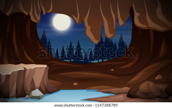 Moonlight Cave Landscape Illustration Stock Vector (Royalty Free ...