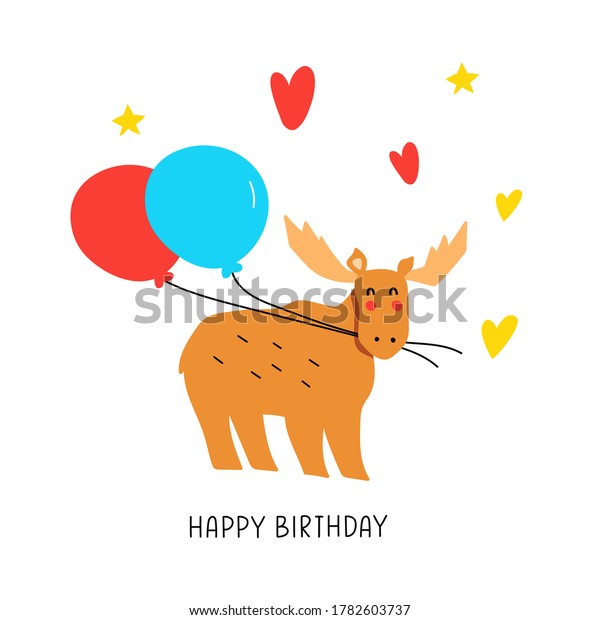 Moose Holding Two Balloons Happy Birthday Stock Vector (Royalty Free ...