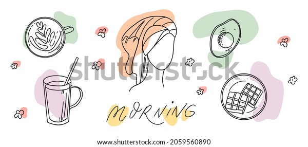 Morning Routine Line Vector Drawing Girl Stock Vector (Royalty Free ...