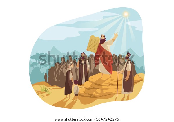 Moses with Gods tablets, Bible concept. Prophet Moses demonstrates to ...