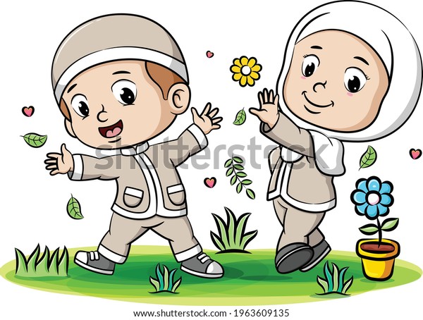 Moslem Children Playing Together Flowers Leaves Stock Vector (Royalty ...