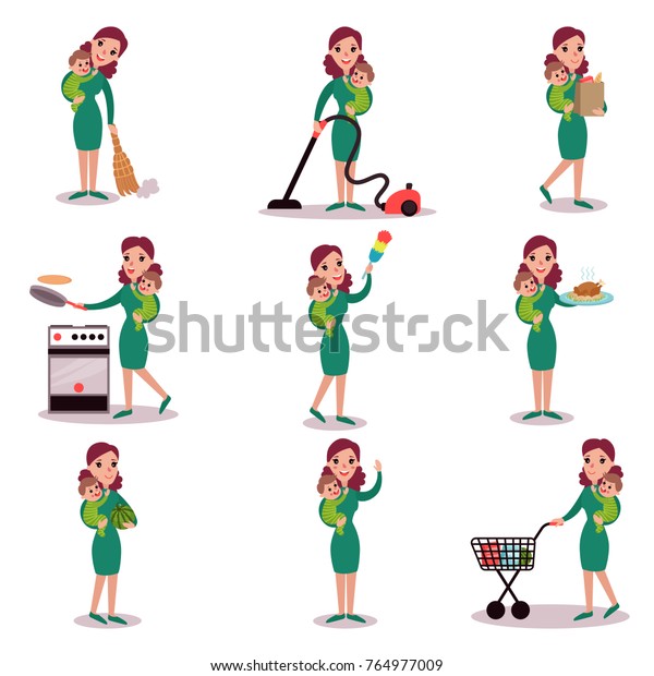 Mother Daily Routine Activities Super Mom: เวกเตอร์สต็อก (ปลอดค่า ...