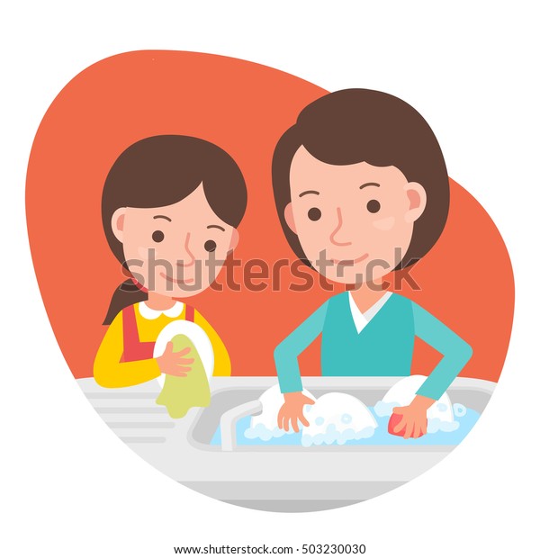 Mother Daughter Washing Dishes Stock Vector Royalty Free 503230030