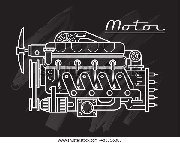 Motor. Engine line drawing black background. Vector. Isolated