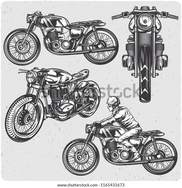 Motorcycles set. Black and white illustration. Isolated on light ...
