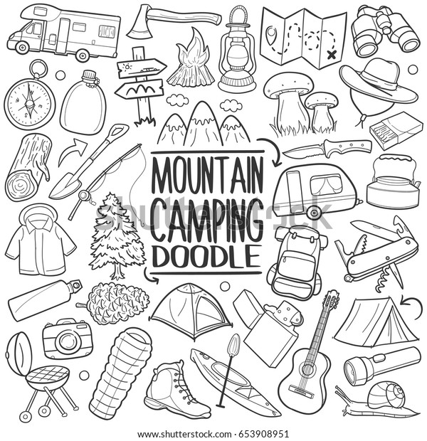 Mountain Camping Doodle Icons Sketch Hand Stock Vector (Royalty Free ...