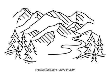 Mountain Forest River Landscape Line Sketch Stock Vector (Royalty Free ...