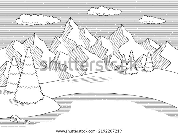 Mountain Lake Graphic Black White Landscape Stock Vector (Royalty Free ...