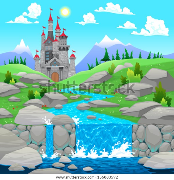 Mountain landscape with river and castle. Cartoon and vector illustration