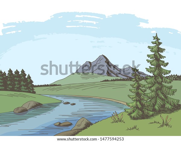 Mountain River Graphic Color Landscape Sketch: เวกเตอร์สต็อก (ปลอดค่า ...