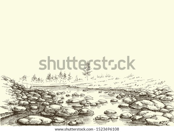Mountain River Hand Drawing Water Flow Stock Vector (Royalty Free ...