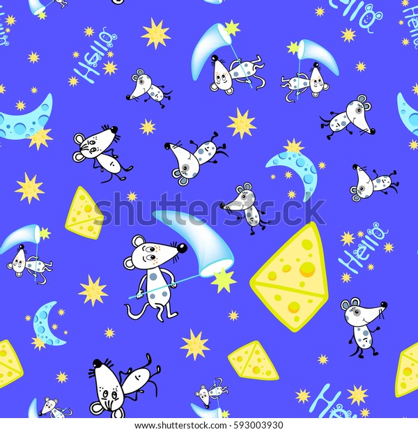 Mouse Moon Stars Pattern On Blue Stock Vector (Royalty Free) 593003930 ...