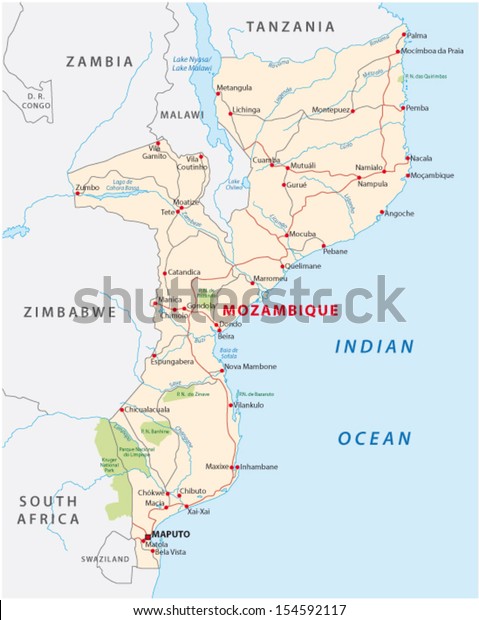 Mozambique Road Map Stock Vector (Royalty Free) 154592117