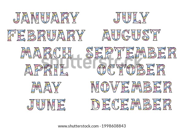 Multicolor Striped Handwritten Names Months Isolated Stock Vector ...