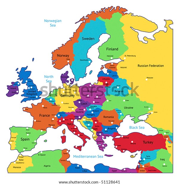 Multicolored map of Europe. Names, town marks and national borders are ...