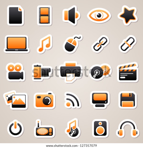 Multimedia Orange Stickers Stock Vector (Royalty Free) 127357079 ...