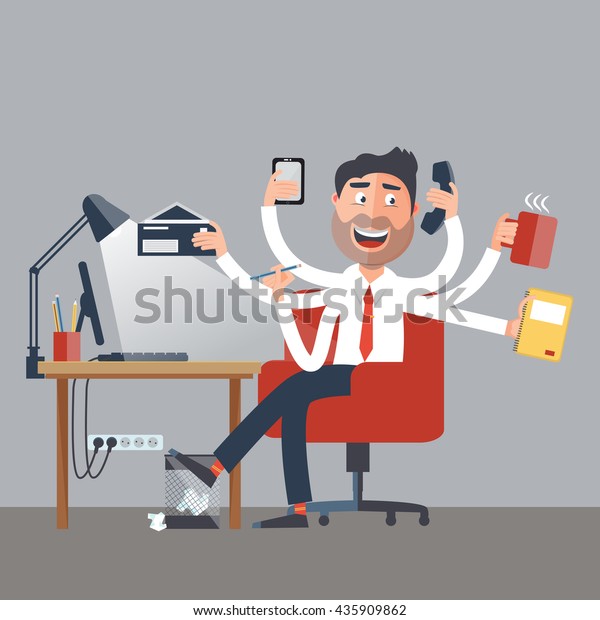 Multitasking Businessman Work Office Happy Man Stock Vector (Royalty ...