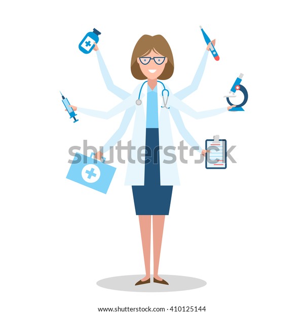 Multitasking Female Doctor Six Hands Standing: vector de stock (libre ...