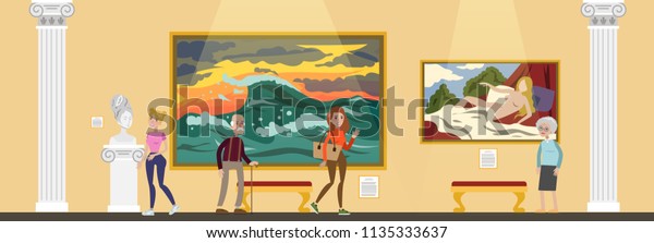 Museum Interior People Looking Famous Classical Stock Vector (Royalty ...