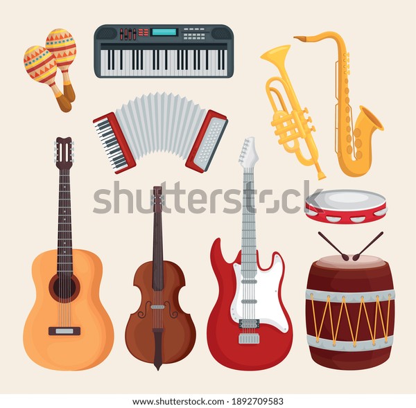 Music instruments symbol set design, Sound melody and song theme Vector ...