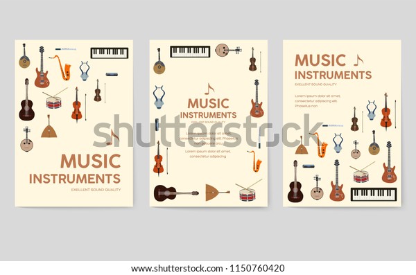 Music Instruments Vector Brochure Cards Set 스톡 벡터(로열티 프리) 1150760420