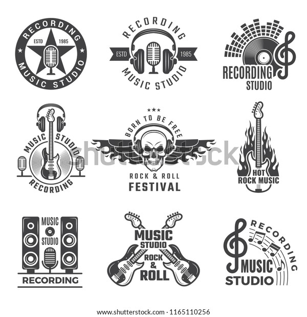 Music Labels Microphone Big Speaker Drums Stock Vector (Royalty Free ...