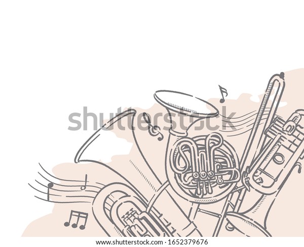 Music themed background with brass instruments. Vector illustration.