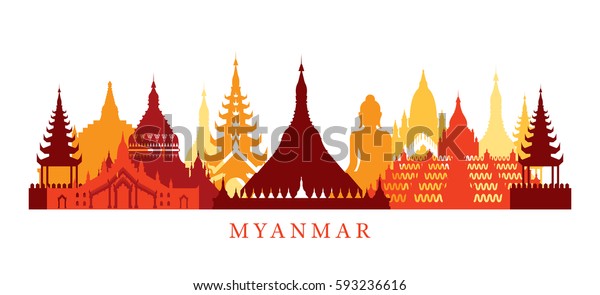 Myanmar Architecture Landmarks Skyline Shape Silhouette: เวกเตอร์สต็อก ...