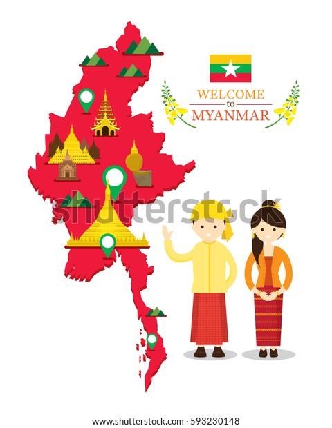 Myanmar Map Landmarks People Traditional Clothing Stock Vector (Royalty ...