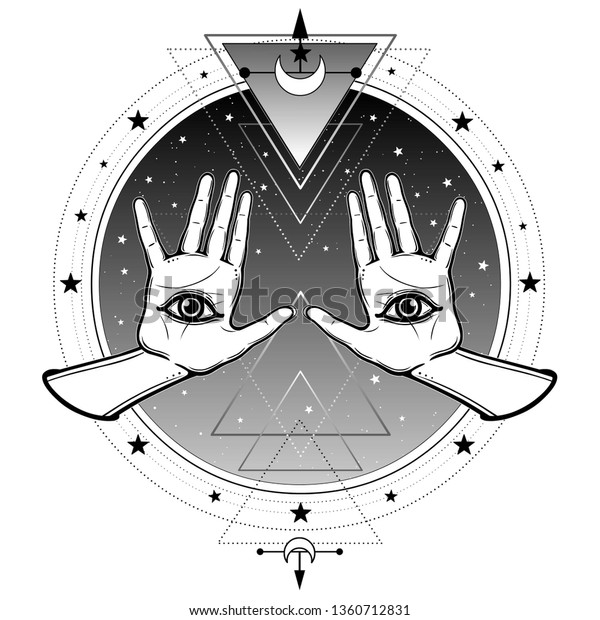 Mystical Drawing Human Hands Have Omniscience Stock Vector (Royalty ...