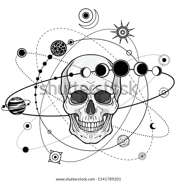 Mystical Drawing Human Skull Planet Orbits Stock Vector (Royalty Free ...