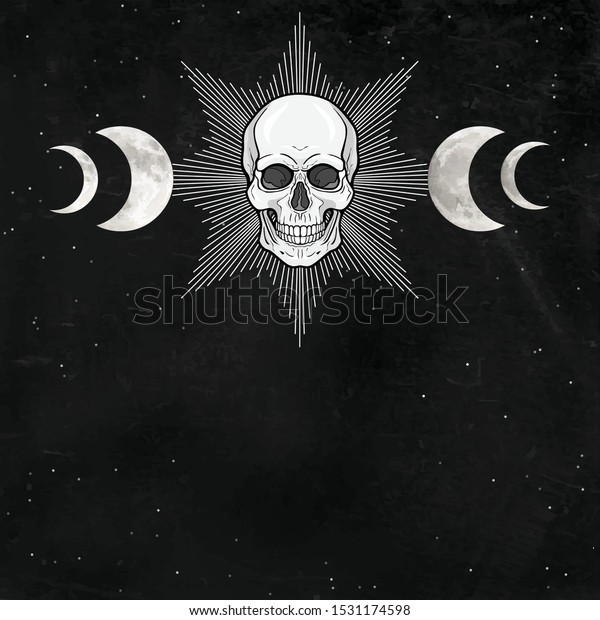 Mystical drawing: shining human skull, pagan Wicca symbol, phases of ...
