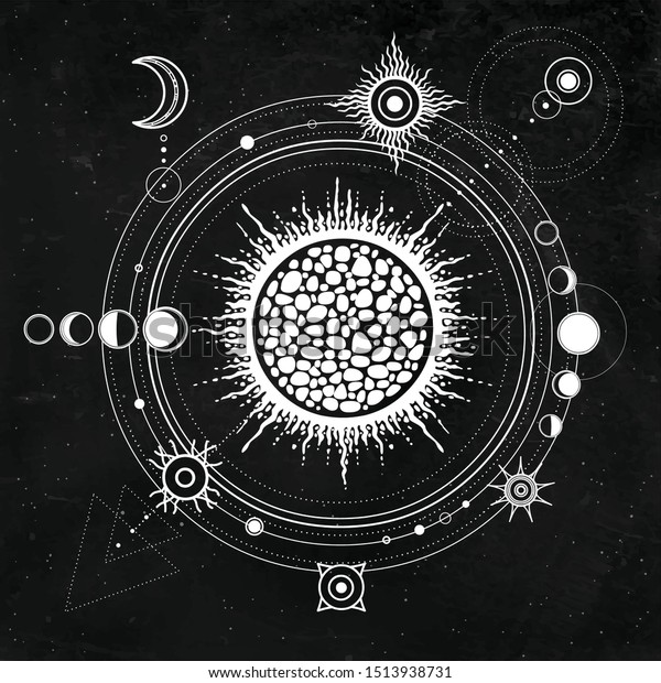 Dessin mystique: système solaire stylisé, phases : image vectorielle de ...
