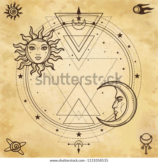 Mystical Drawing Sun Moon Human Faces Stock Vector (Royalty Free ...