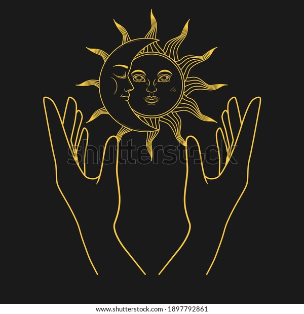 Mystical Symbol Moon Sun Face Hands Stock Vector (Royalty Free) 1897792861