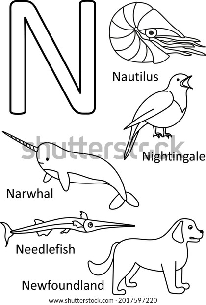 Nombres de animales N, coloreado alfabético: vector de stock (libre de ...