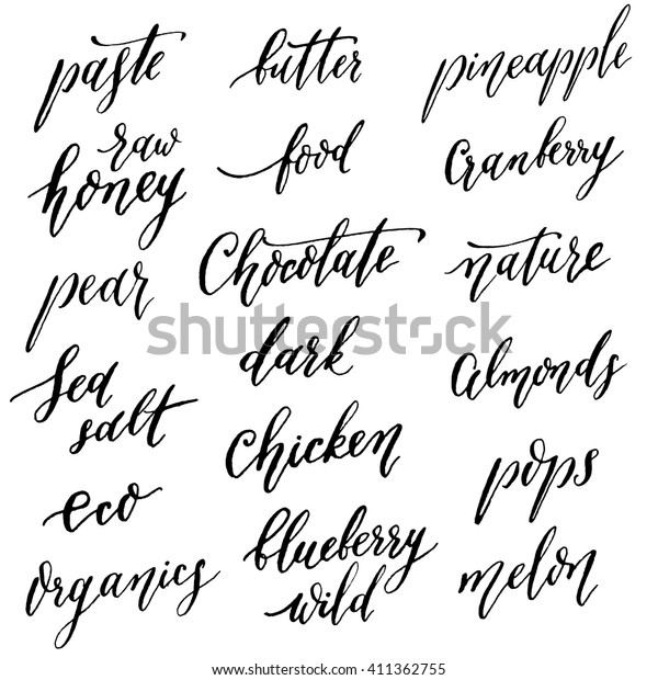 Names of food in the style of hand-lettering vector.Paste, butter ...