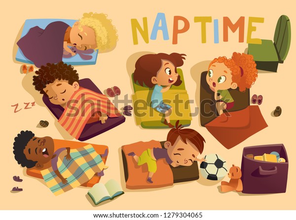 Nap Time Kindergarten Group Multiracial Girls: vetor stock (livre de ...