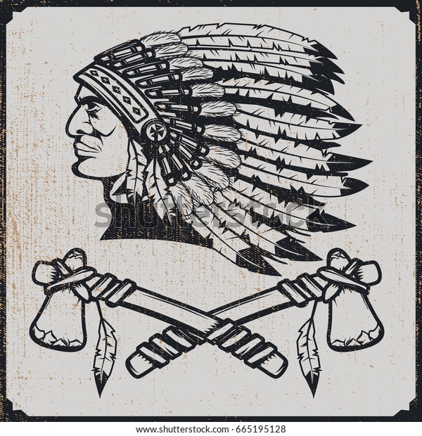 Native american chief head in traditional headdress with tomahawks ...
