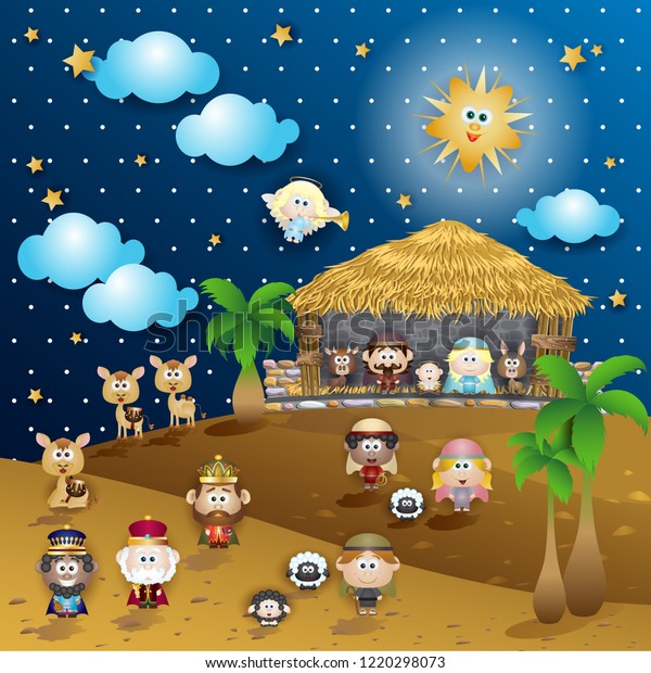 Nativity Scene Background Cute Cartoon Vector Stock Vector (Royalty ...