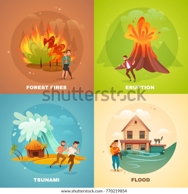 Natural disasters design concept with forest fires, volcano eruption ...