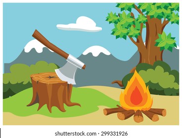 Cartoon Camp Fire Flames Grilling Meat Stock Vector (Royalty Free ...