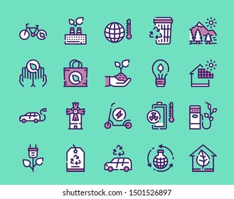 Nature Conservation Green Color Linear Icons: стоковая векторная ...